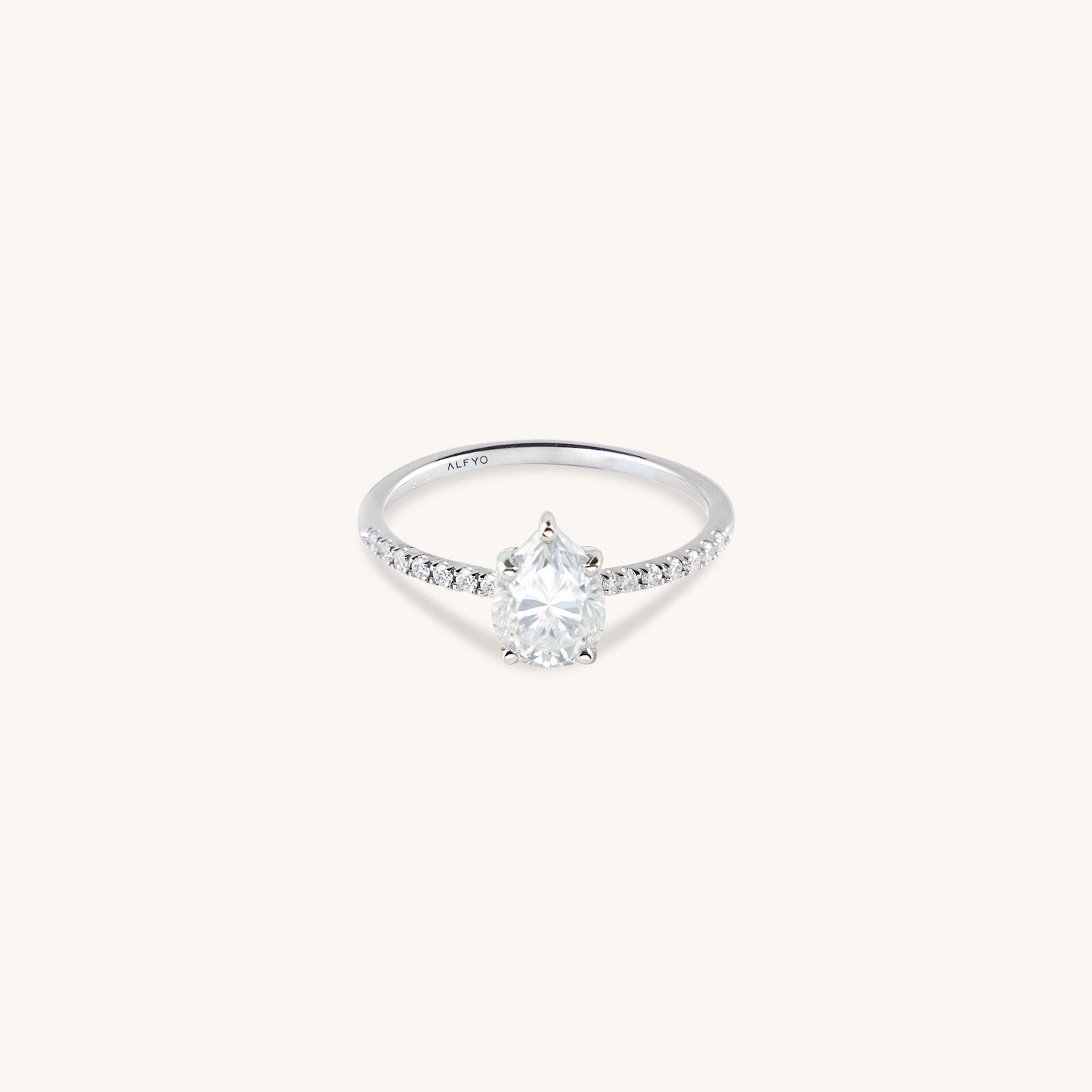 ALFYO Anello Solitario Oro Bianco Taglio Goccia Moissanite Con Pietre Sul Gambo